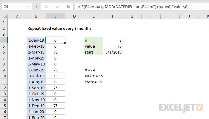 Repeat Fixed Value Every 3 Months Excel Formula Exceljet